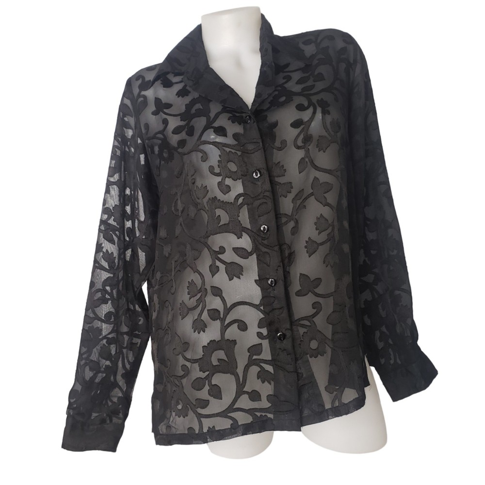 Vintage Red Hot Sheer Black Floral Button Up Blouse S… - Gem